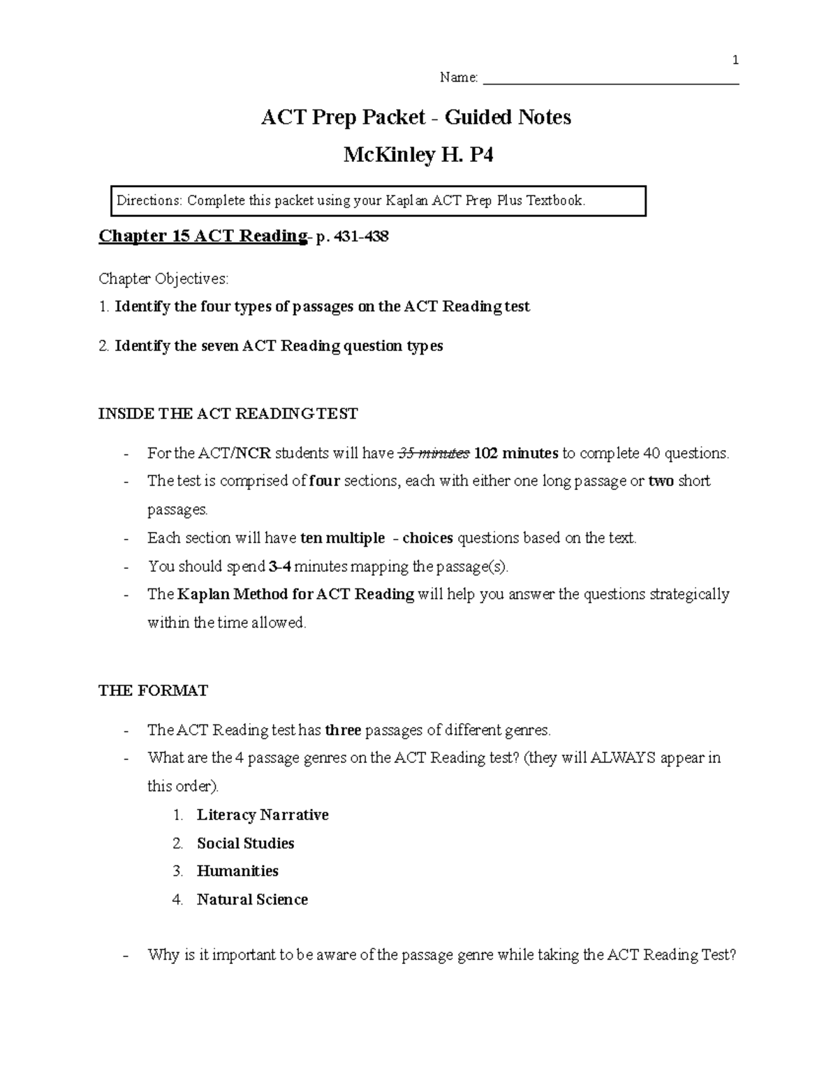 1 ACT Prep Packet Guided Notes - Name ...