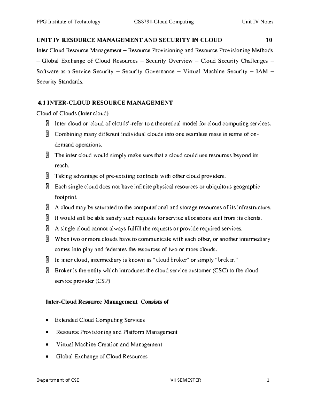 Unit 4-Cloud Computing - UNIT IV RESOURCE MANAGEMENT AND SECURITY IN CLOUD 10 Inter Cloud ...