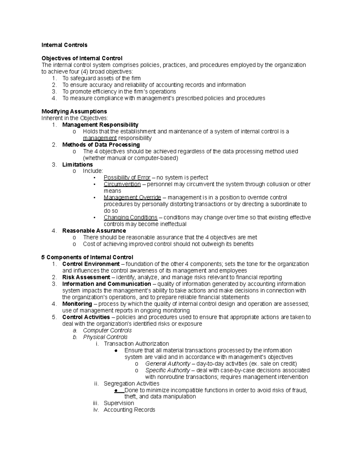 Internal Controls - Internal Controls Objectives of Internal Control ...