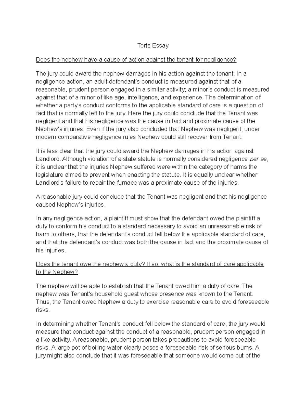 Bar Essay Torts Essay - Torts Essay Does the nephew have a cause of ...