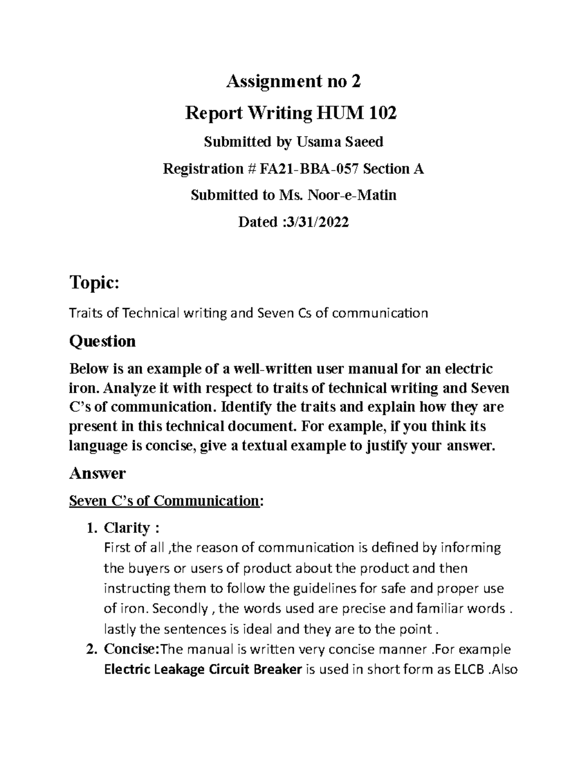 Assignment no 2 Report Writing Usama Saeed FA21-BBA-057 A - Assignment ...
