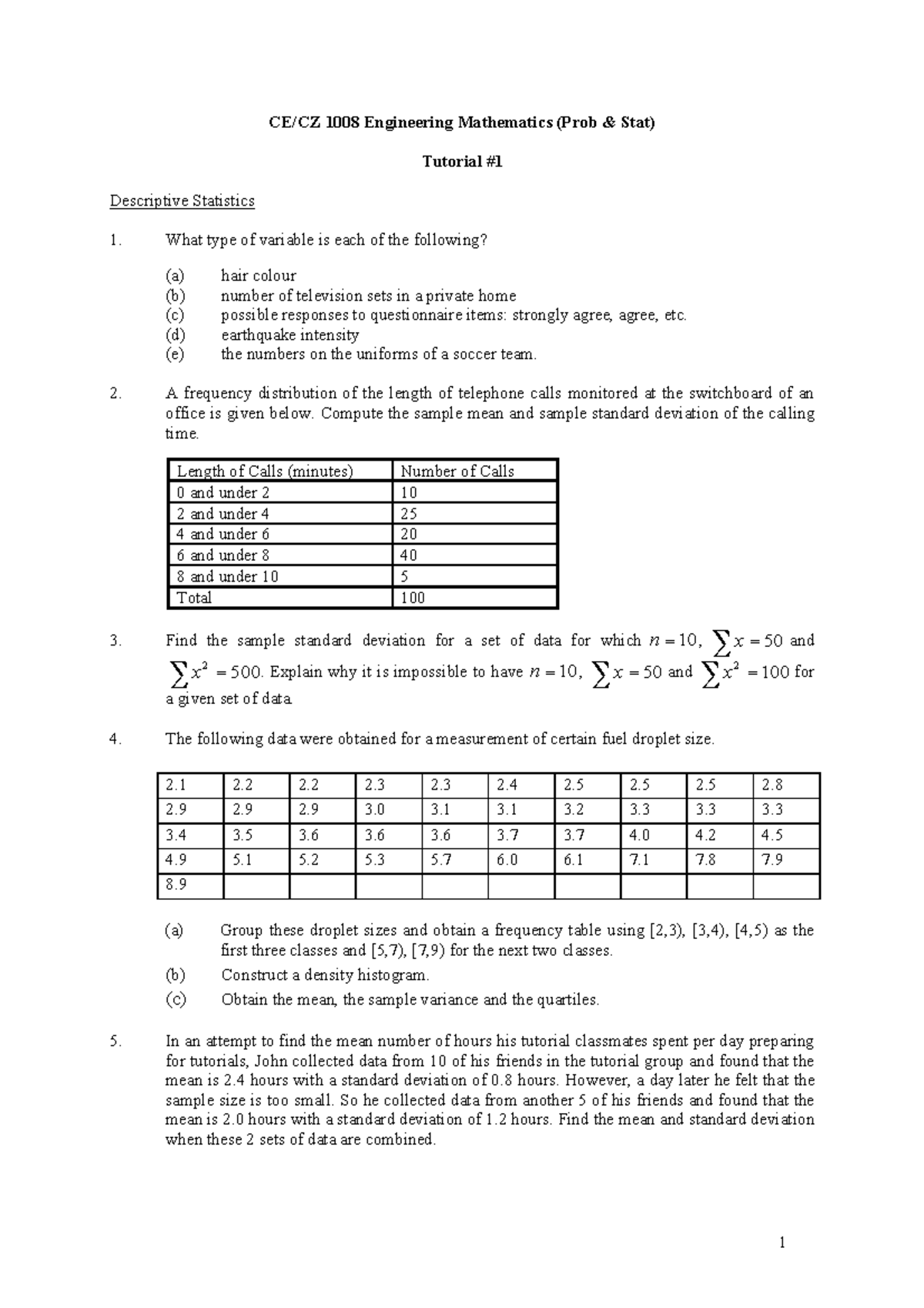 Prob tut1 - Tutorial questions - 1 CE/CZ 10 08 Engineering Mathematics ...