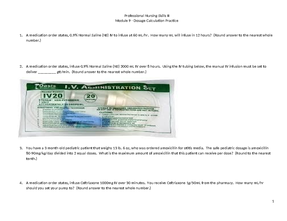 Dosage Calculation Worksheet - Professional Nursing Skills II Module 9 ...