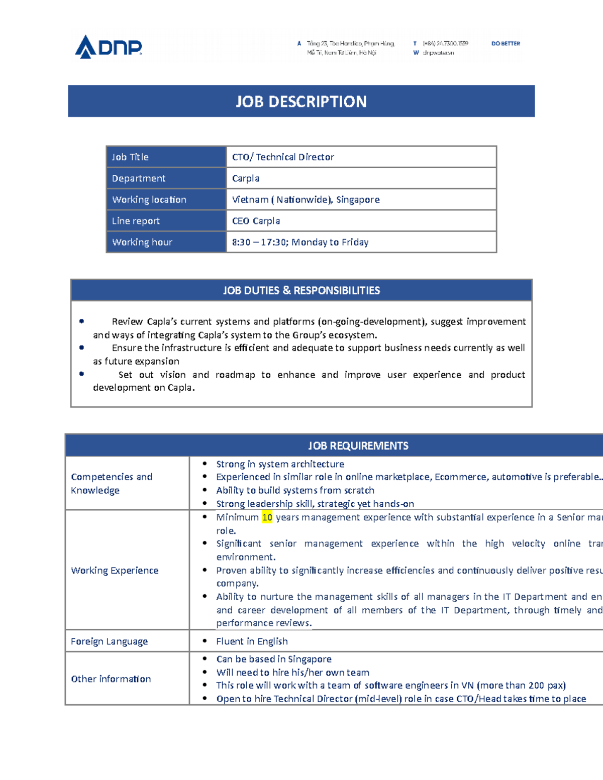 Carpla CTO - ook - JOB DESCRIPTION Job Title CTO/ Technical Director ...