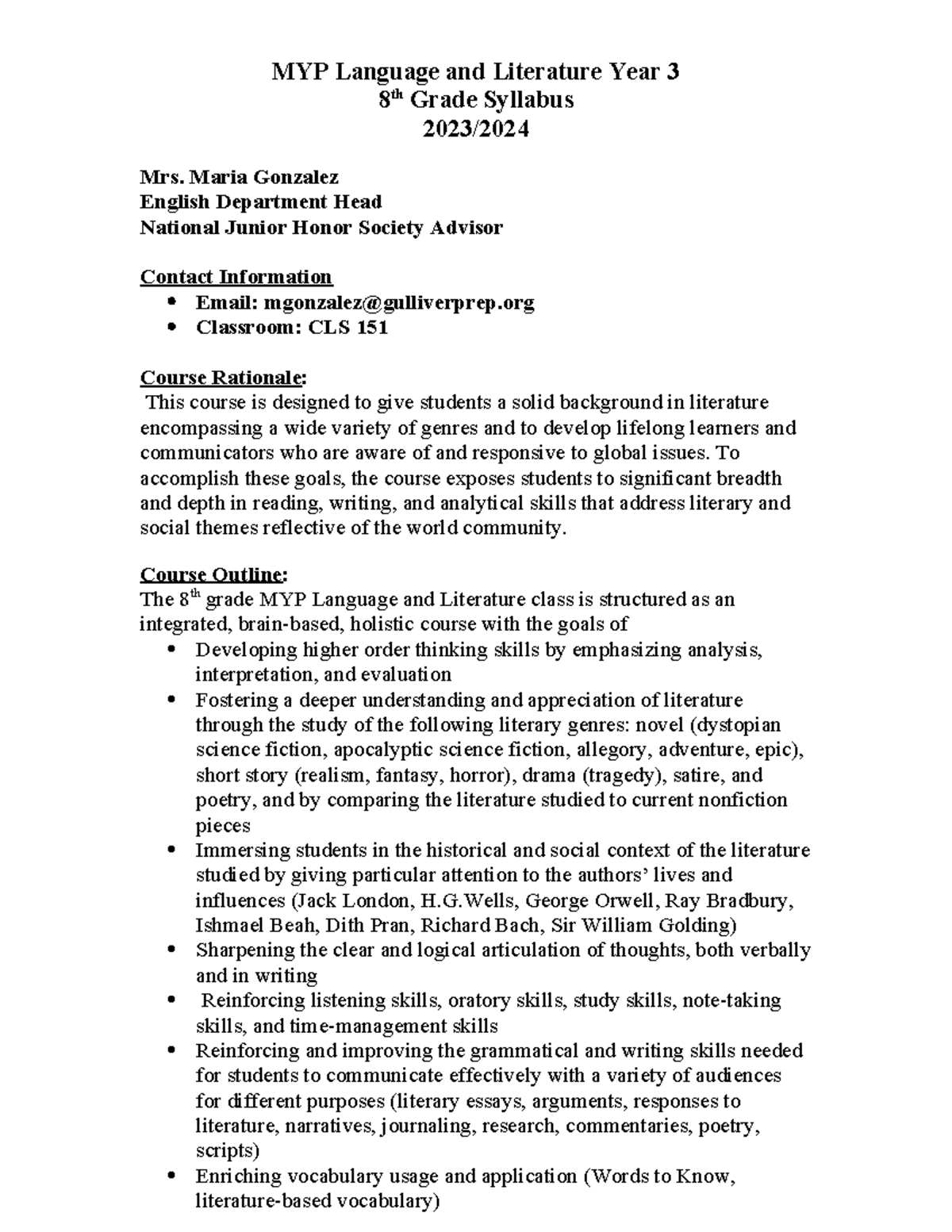 8 MYP syllabus - MYP Language and Literature Year 3 8 th Grade Syllabus ...