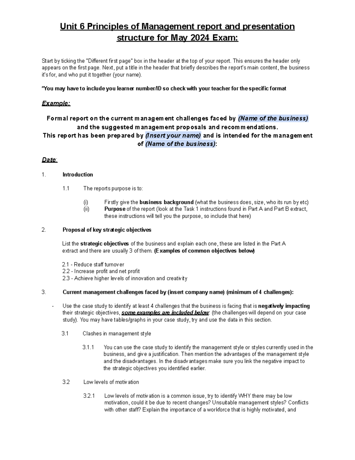 Principles of Management report and presentation structure 2024 - This ...