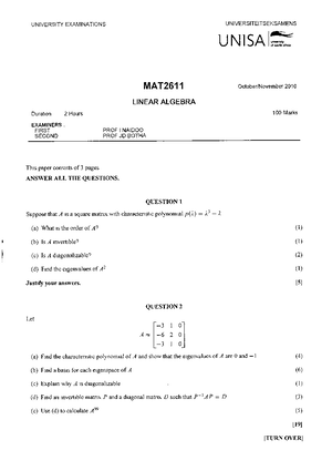 MAT2611 Oct Nov 2022 - with Solutions - Exam Paper Solutions MAT OCT ...