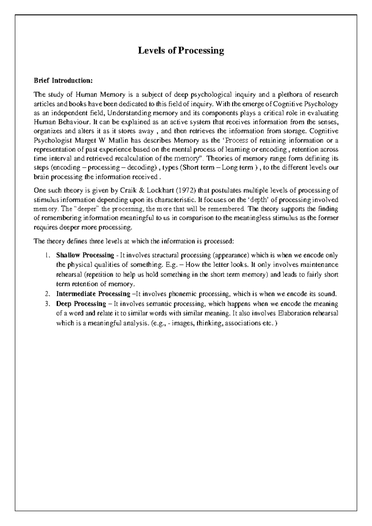 Levels of Processing - Intro - Levels of Processing Brief Introduction: The study of Human ...