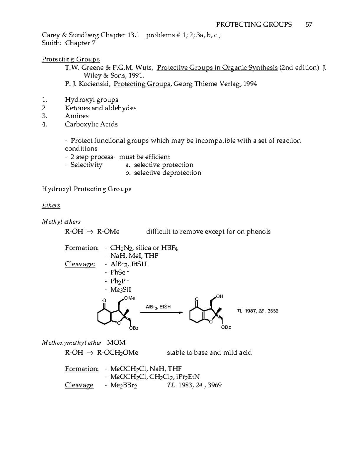 CHE 405 Protecting groups - Carey & Sundberg Chapter 13 problems # 1; 2 ...