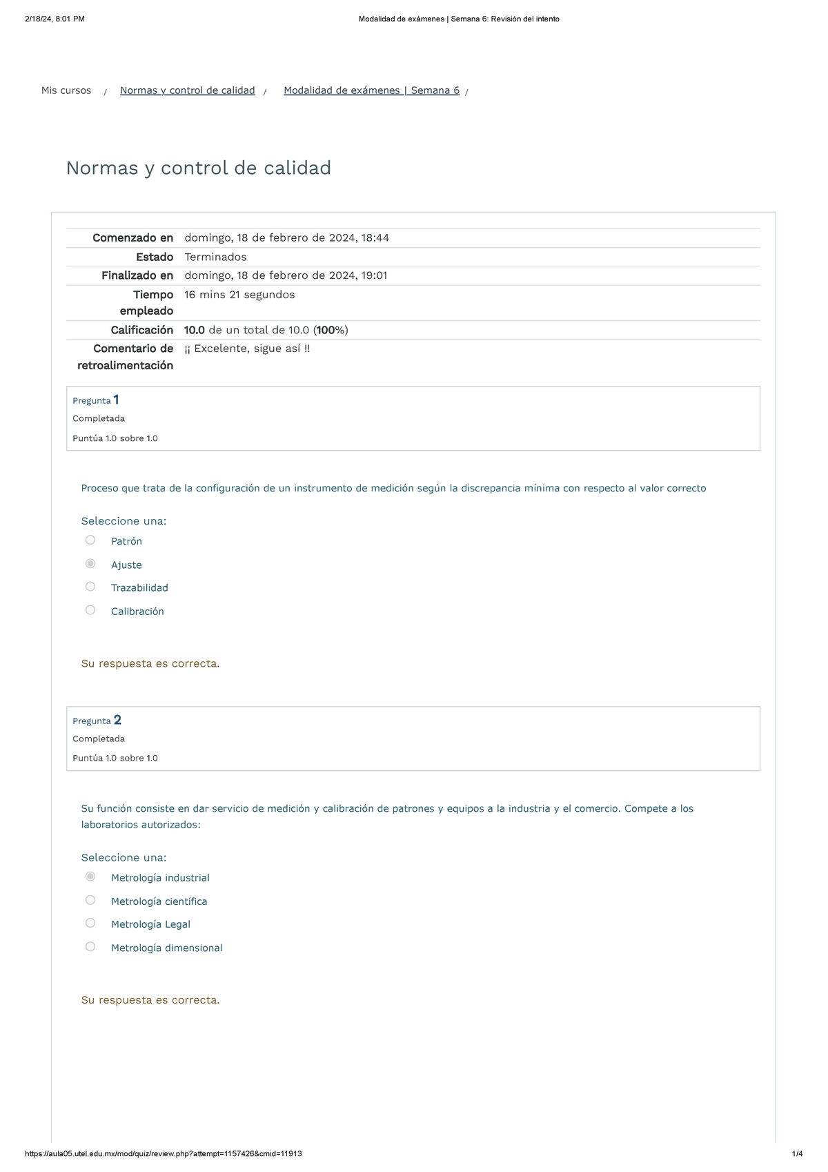 Modalidad de exámenes Semana 6 Revisión del intento - Normas y control de calidad Comenzado en ...