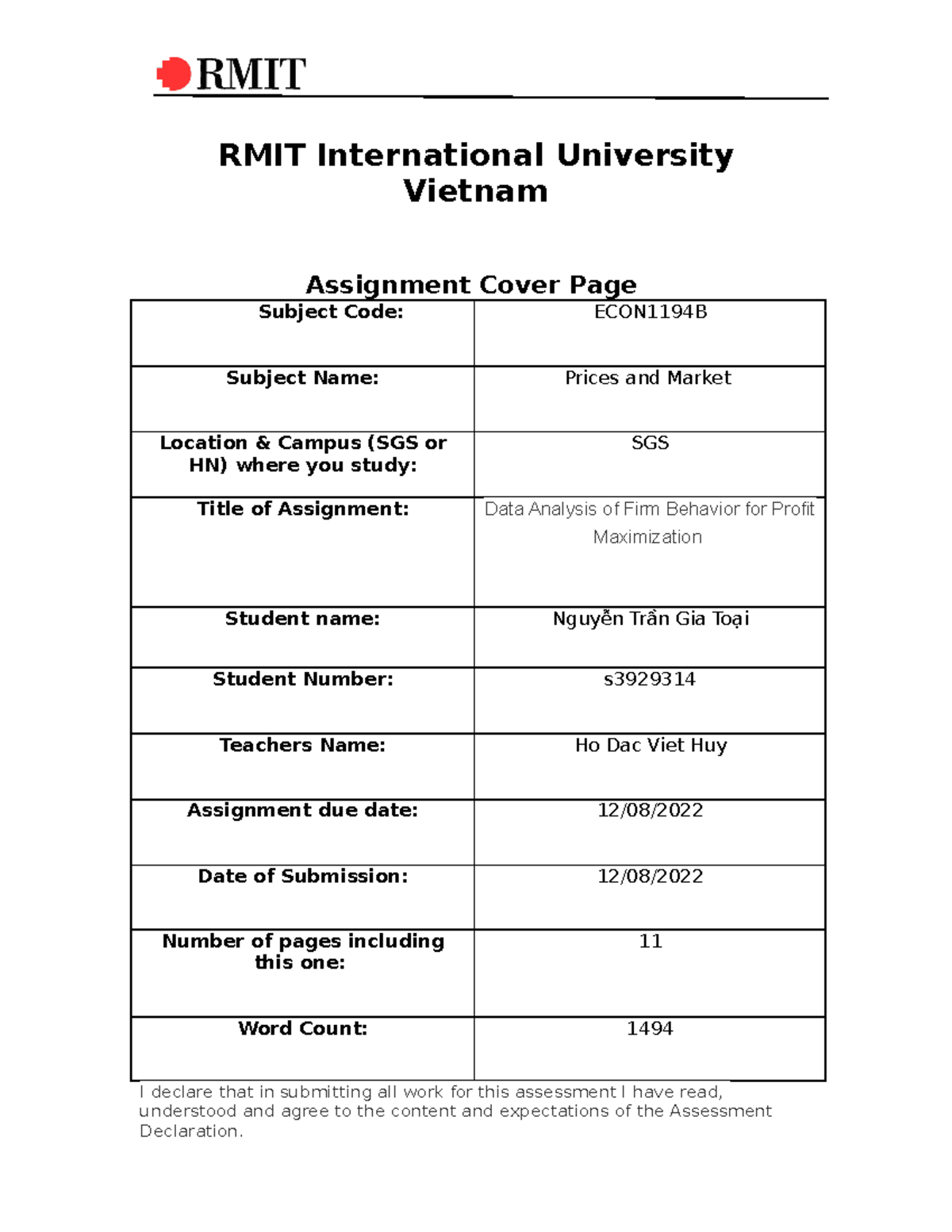 Assignment 2 ECON1194 Nguyễn Trần Gia Toại s3929314 (1)-1 - RMIT ...