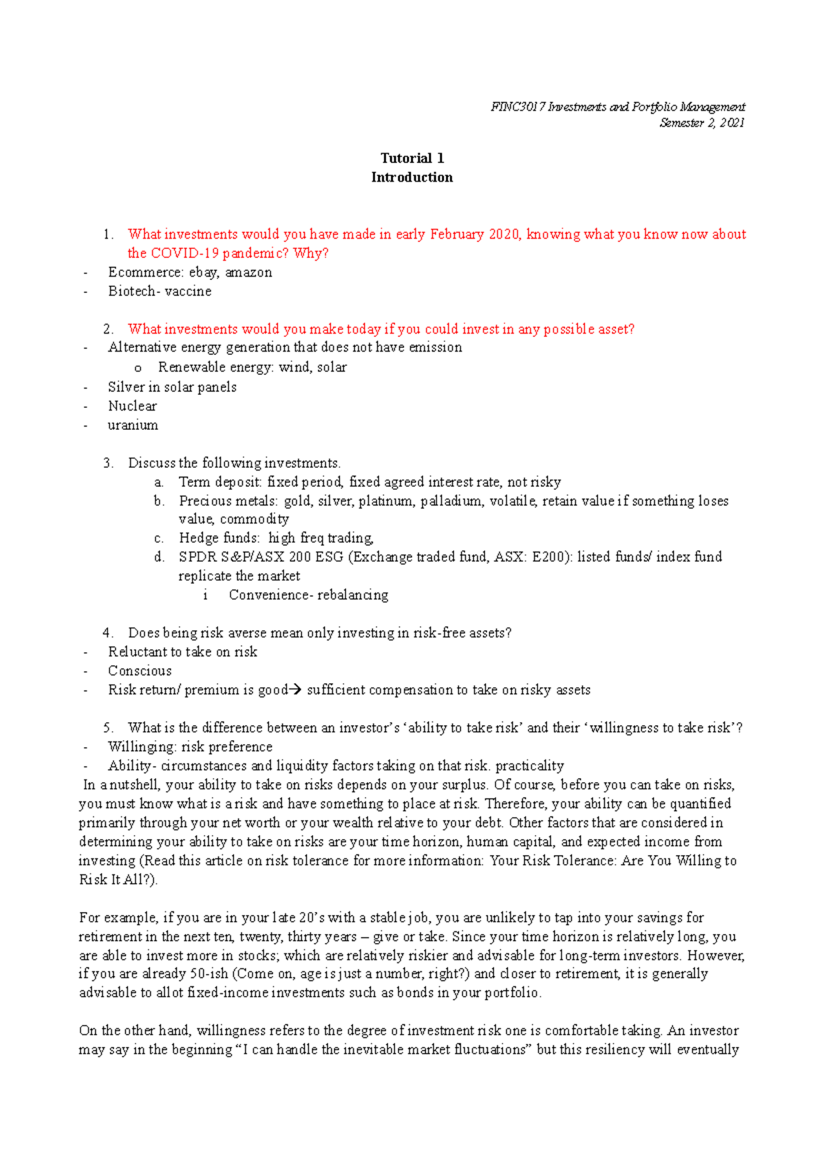 FINC3017 Tutorial 01 - week 1 tut work - FINC3017 - USyd - Studocu