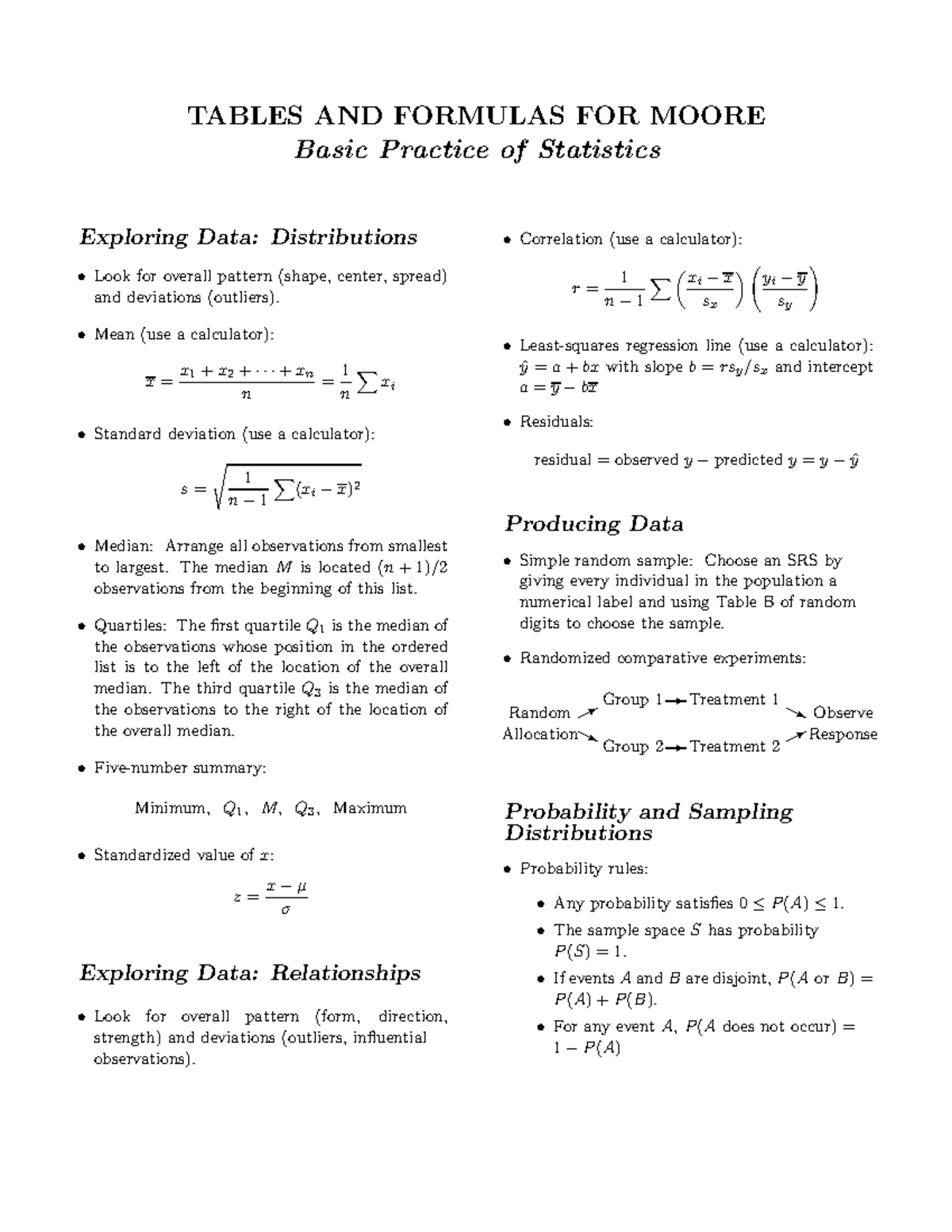 00 Formula Sheet Table - TABLES AND FORMULAS FOR MOORE Basic Practice of Statistics Exploring ...