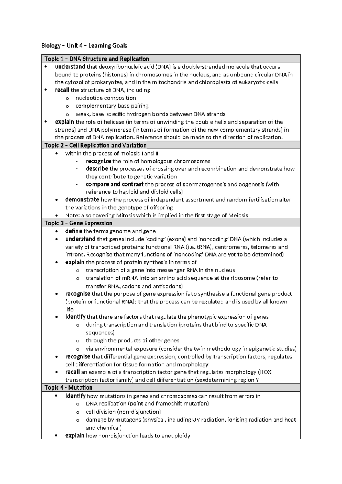 Biology Unit4 Learning Goals - Biology – Unit 4 – Learning Goals Topic ...