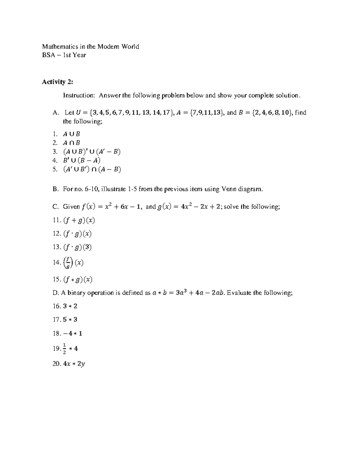 Activity 2 MMW - eheuwuwiw - Mathematics in the Modern World BSA – 1st ...