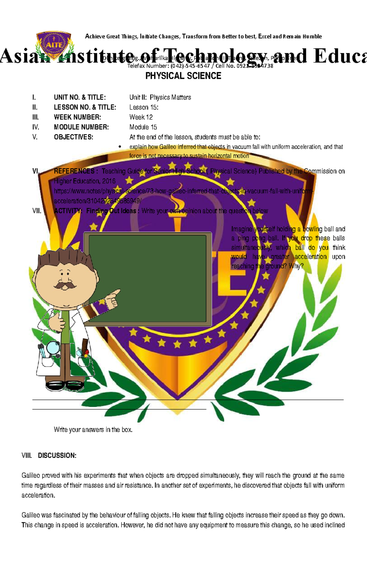Module 15 Physical Science - PHYSICAL SCIENCE I. UNIT NO. & TITLE: Unit ...