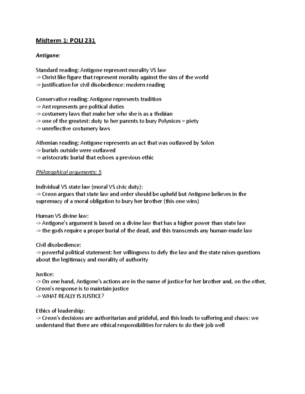 Midterm 1- POLI 231 - Midterm 1: POLI 231 Antigone: Standard reading: Antigone represent ...