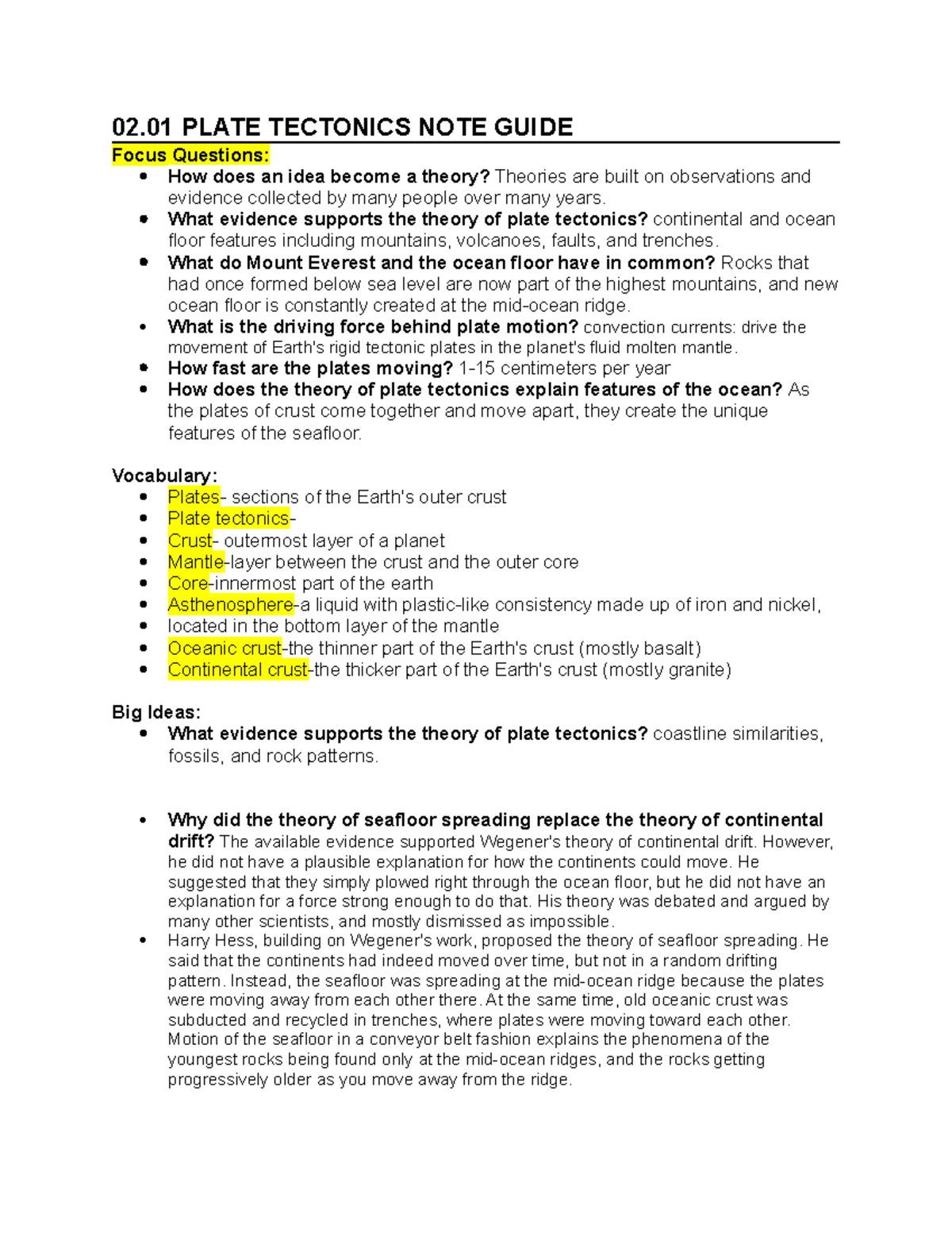 2 - notes 2.1 - 02 PLATE TECTONICS NOTE GUIDE Focus Questions: How does ...