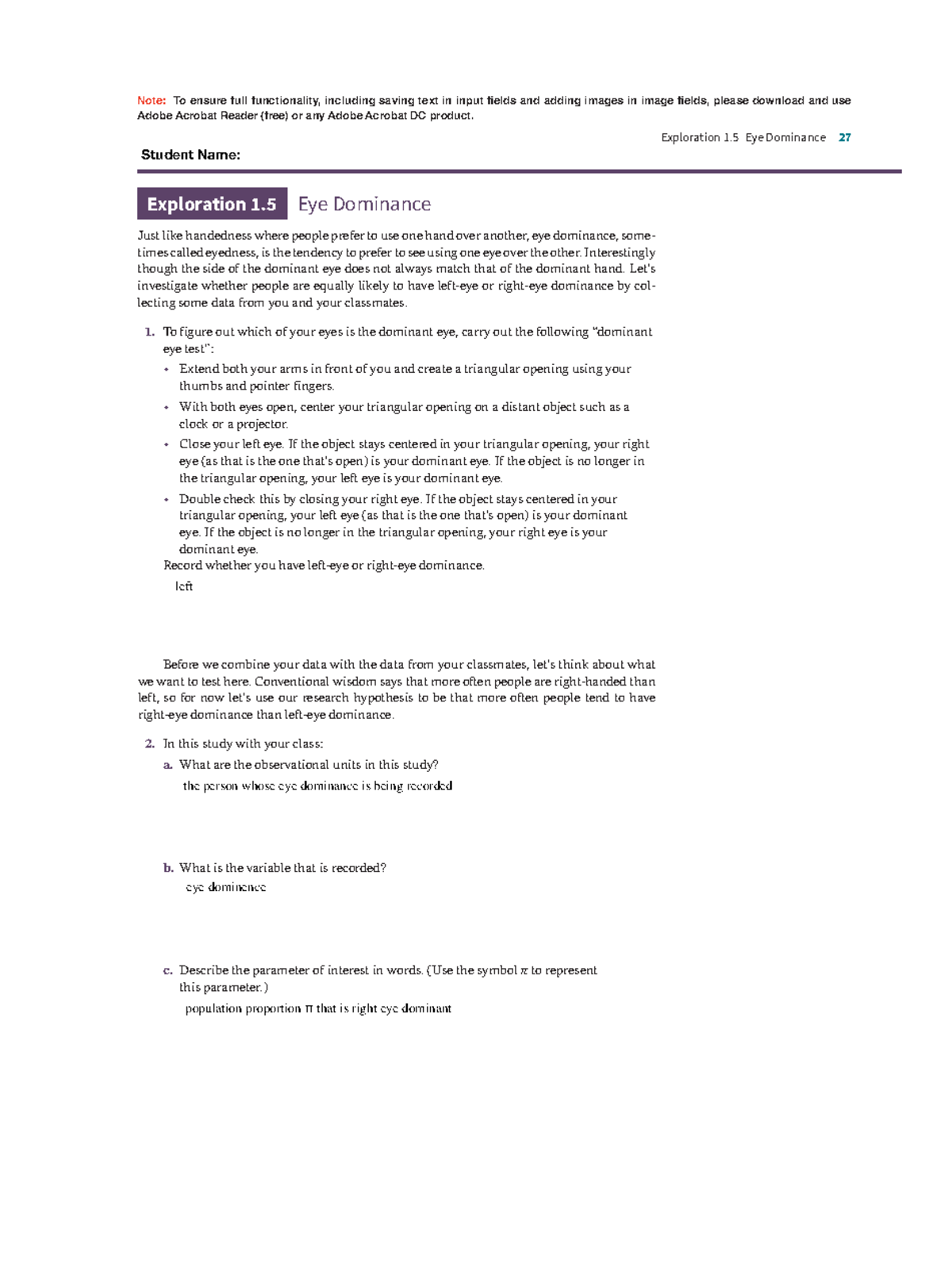 1 - stats assignment - Exploration 1 Eye Dominance 27 Note: To ensure full functionality ...