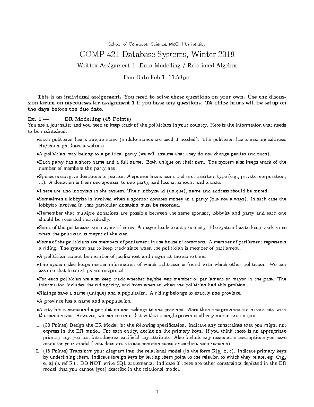 Winter 19 Assignment 1 - School of Computer Science, McGill University COMP-421 Database Systems ...
