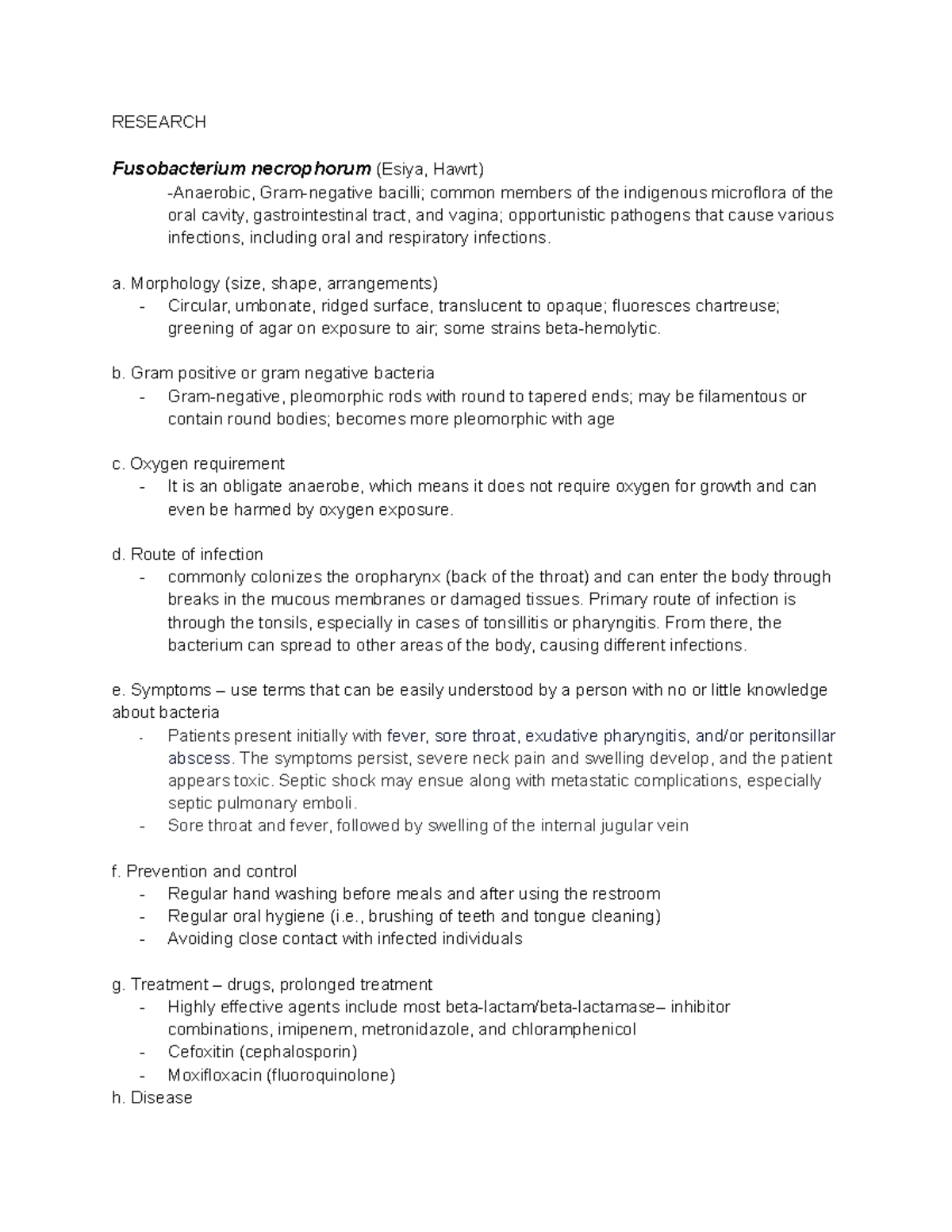 MICROPARA NOTES - RESEARCH Fusobacterium necrophorum (Esiya, Hawrt ...