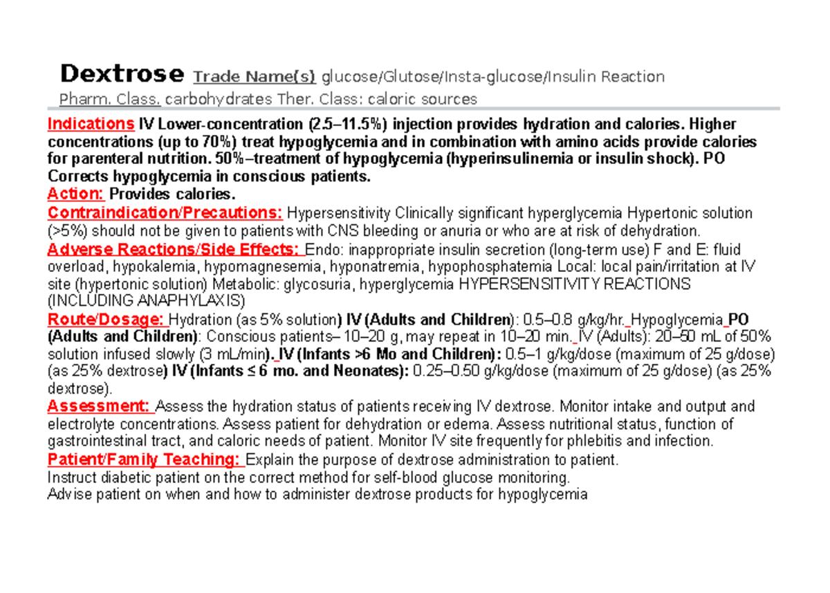 Dextrose Drug Card - Dextrose Trade Name(s) glucose/Glutose/Insta ...