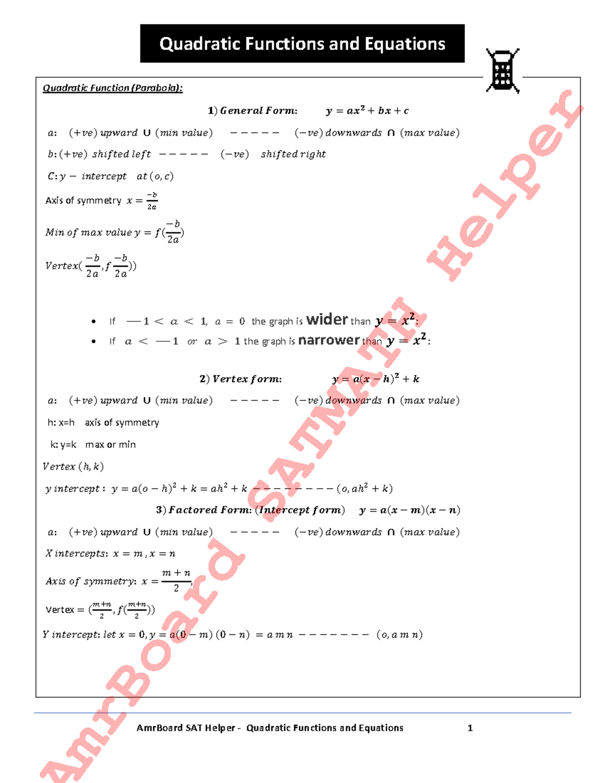 1576423718543 3- Quadratic Functions and Equations - AmrBoard SAT ...