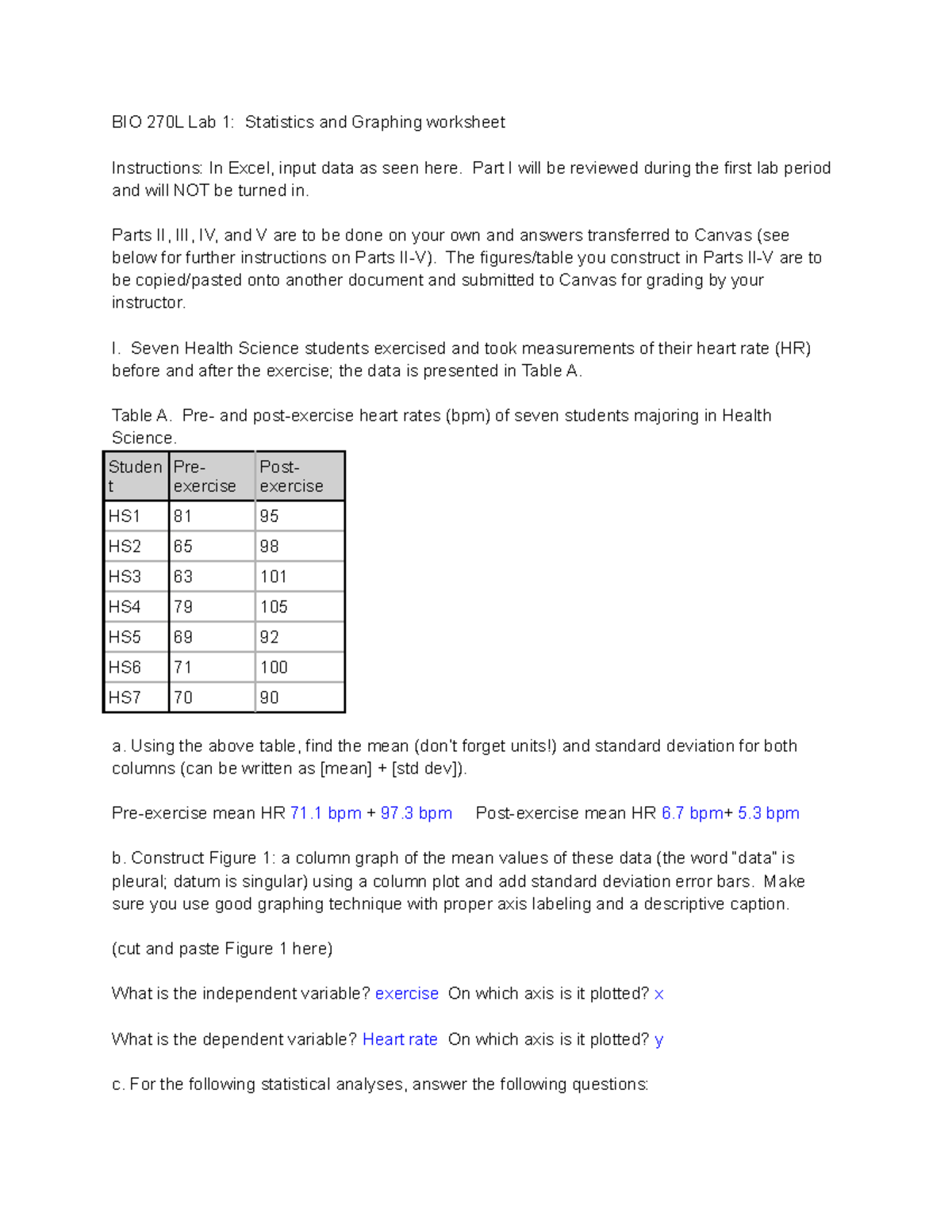 BIO 270 L Lab 1 Statistics and Graphing worksheet - BIO 270L Lab 1 ...