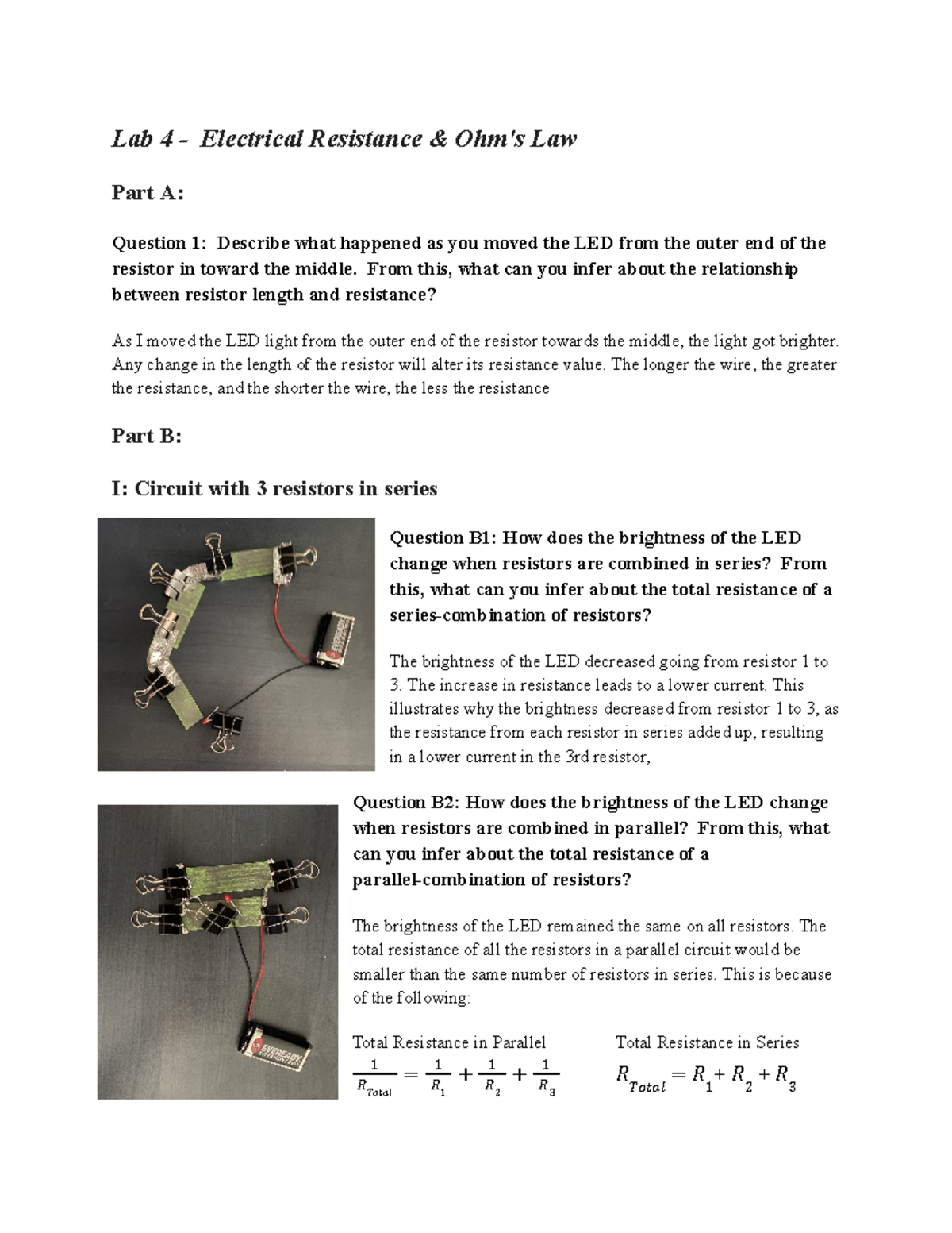 Physics 1300 Post Lab 4 - Electrical Resistance & Ohm's Law - Lab 4 ...
