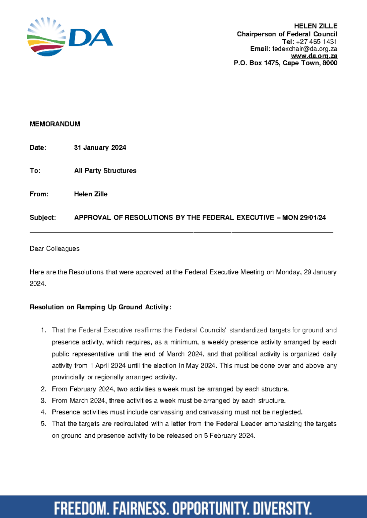 Memorandum - Approval of Resolutions by the Federal Executive - Mon 29 ...