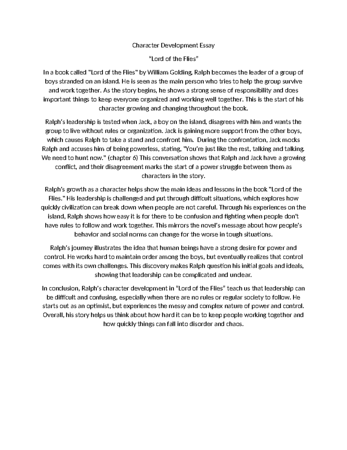 Character Development Essay - Character Development Essay “Lord of the ...