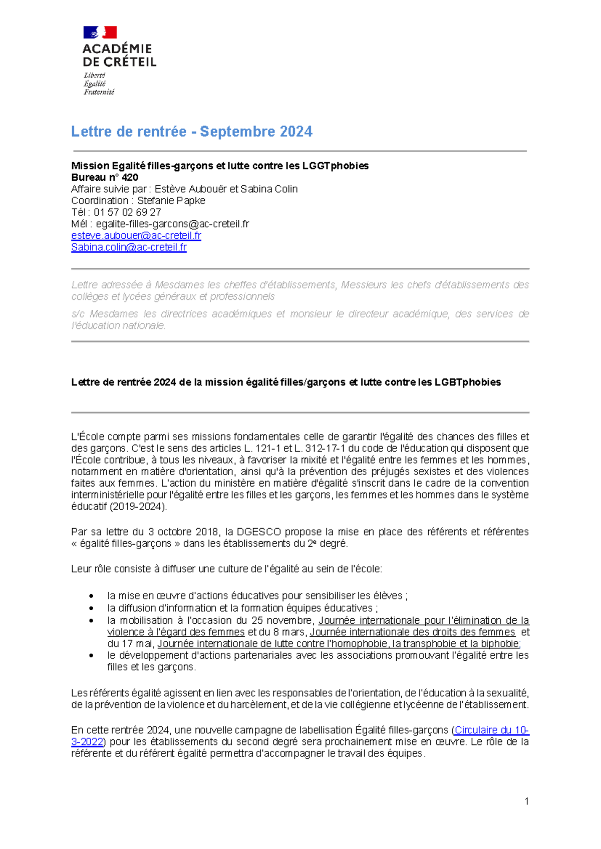 Lettre de rentr e 2024 32251 - 1 Lettre de rentrée - Septembre 2024 Mission Egalité filles ...