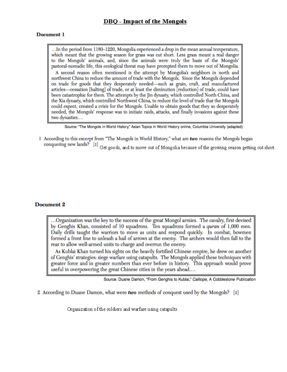 Muhammad Fazili - Monday Mongols DBQ - DBQ - Impact of the Mongols ...