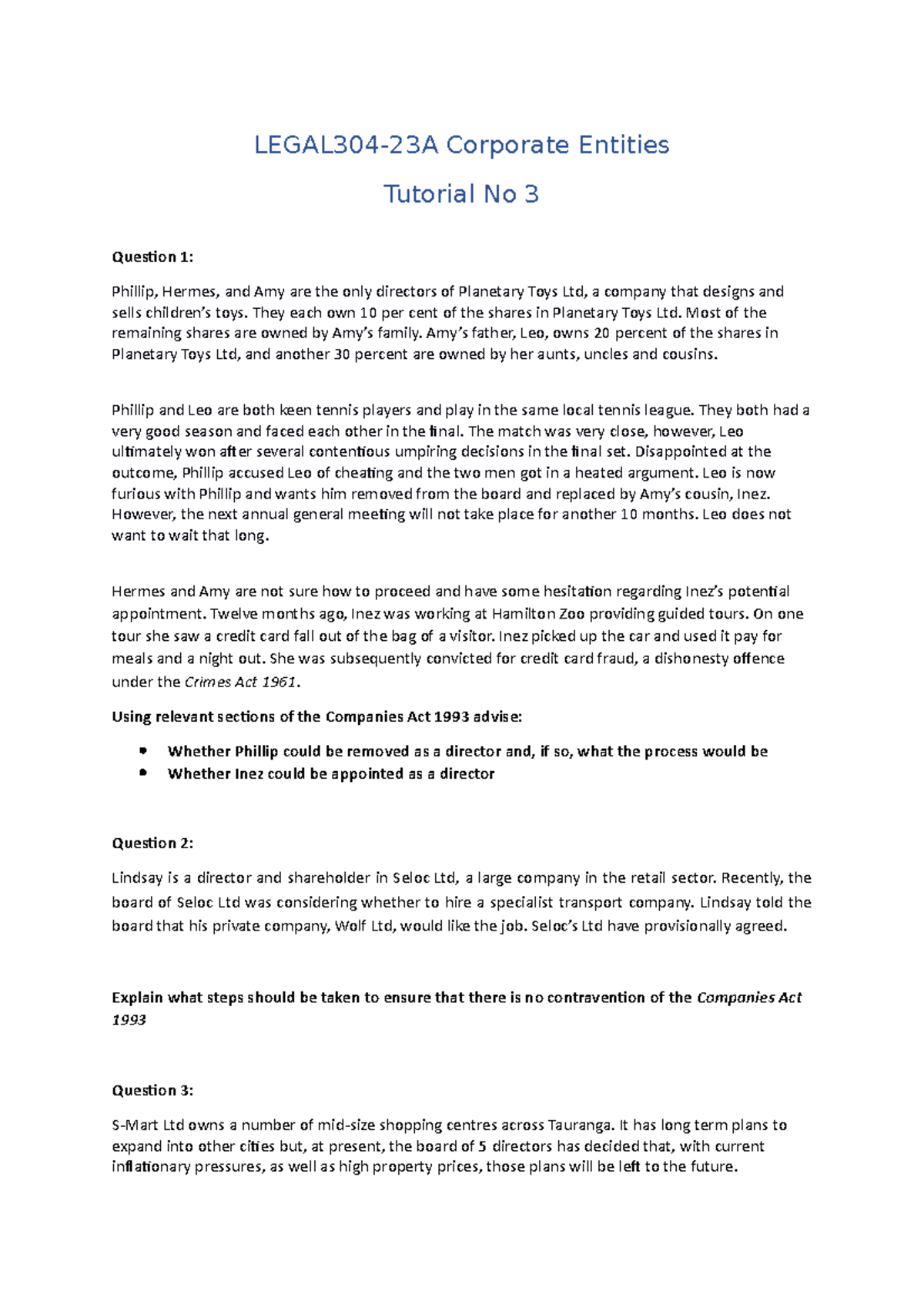 Legal 304 Tutorial 3 - LEGAL304-23A Corporate Entities Tutorial No 3 ...