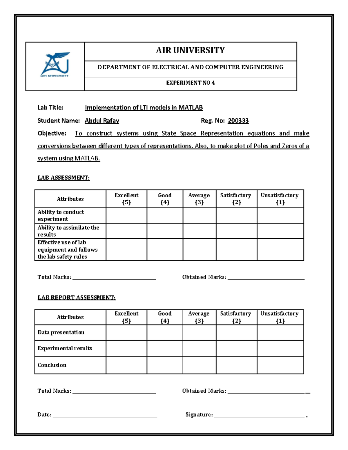 Implementation Of Lti Models In Matlab No 200333 Objective To