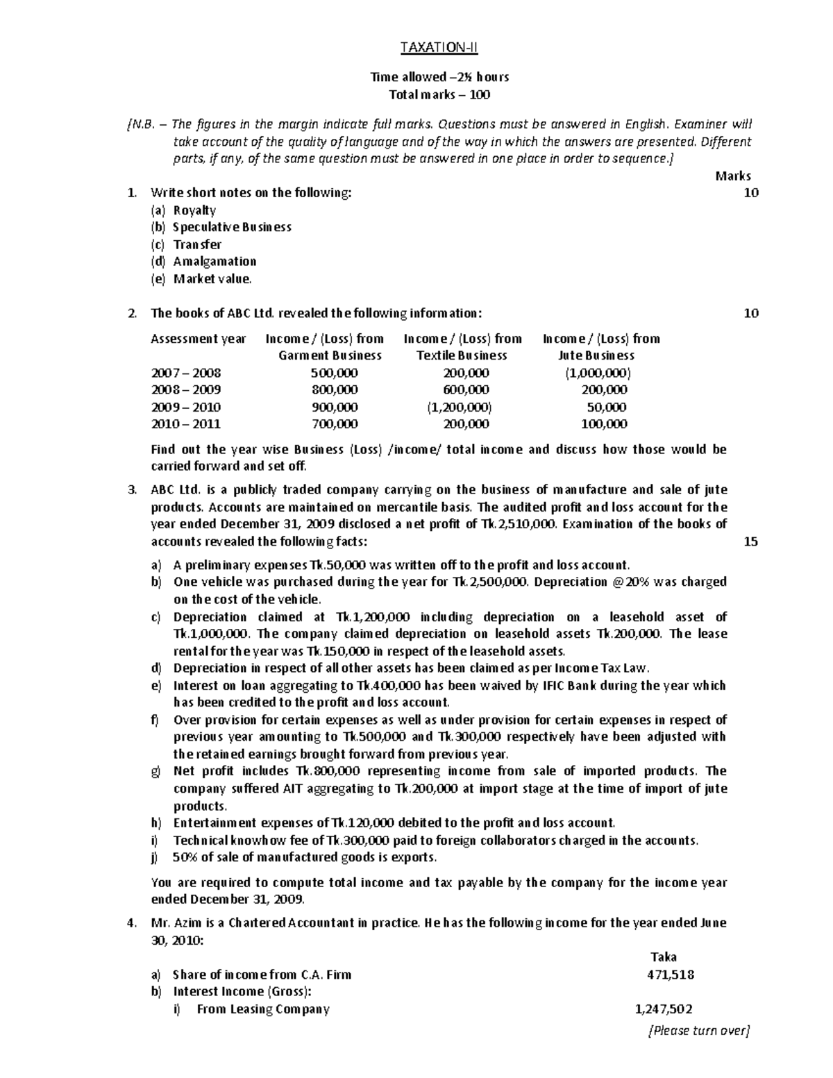Taxation-II June11 - TAXATION‐II Time allowed ñ2Ω hours Total marks ñ ...