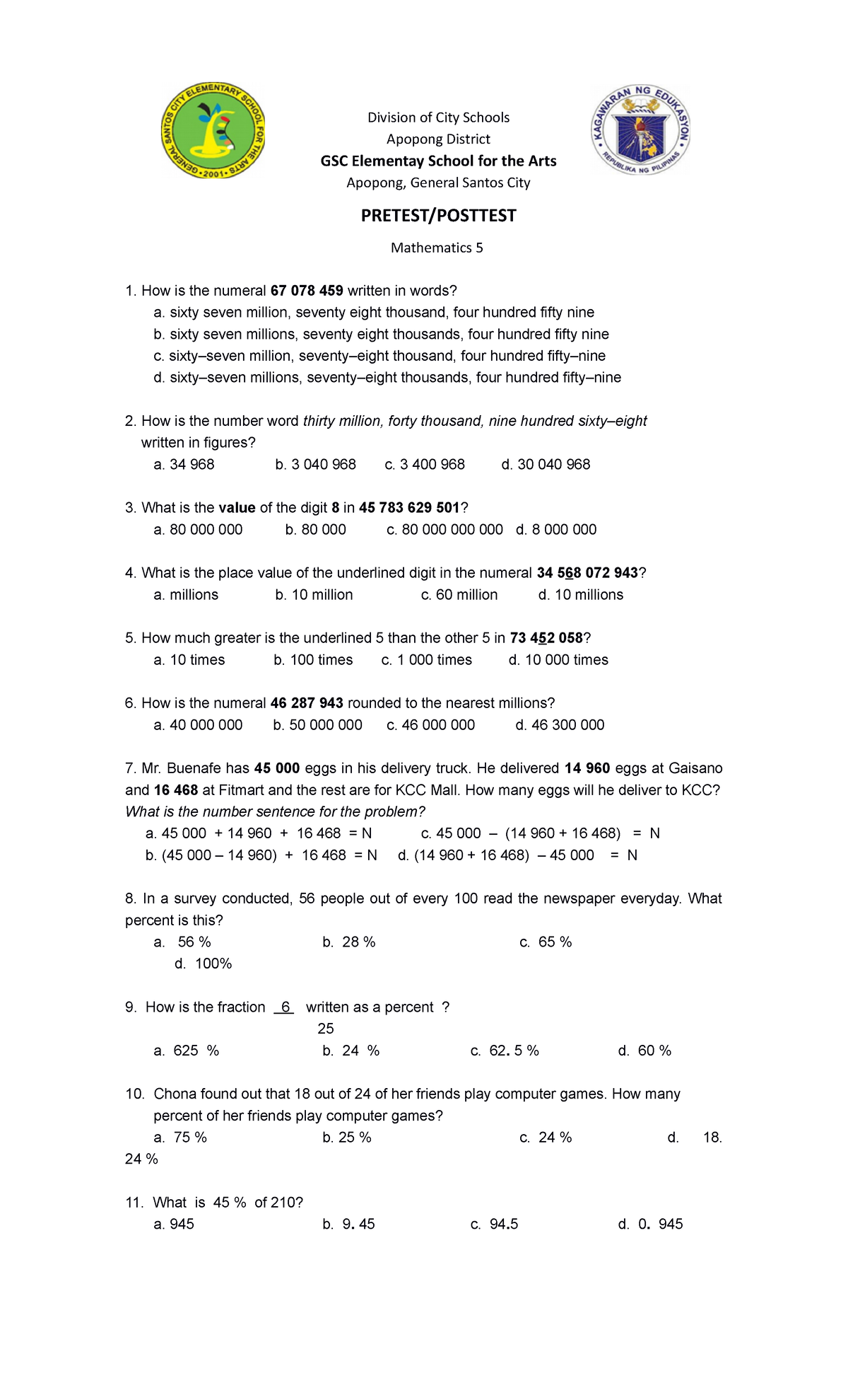 Pretest Math - Division of City Schools Apopong District GSC Elementay ...