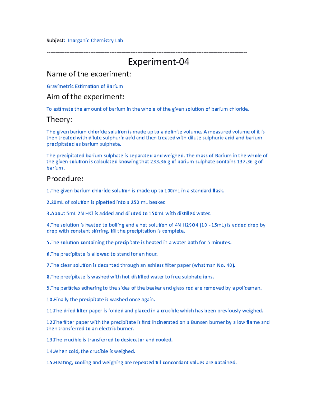 Inorganic Chemistry Lab Experiments Pdf at Loren Bona blog