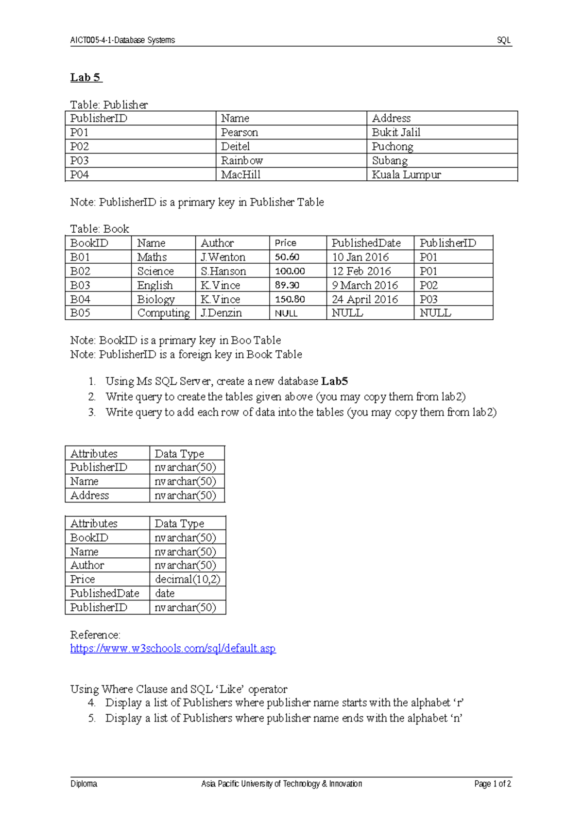 Lab 5 - AICT005-4-1-Database Systems SQL Lab 5 Table: Publisher PublisherID Name Address P01 ...