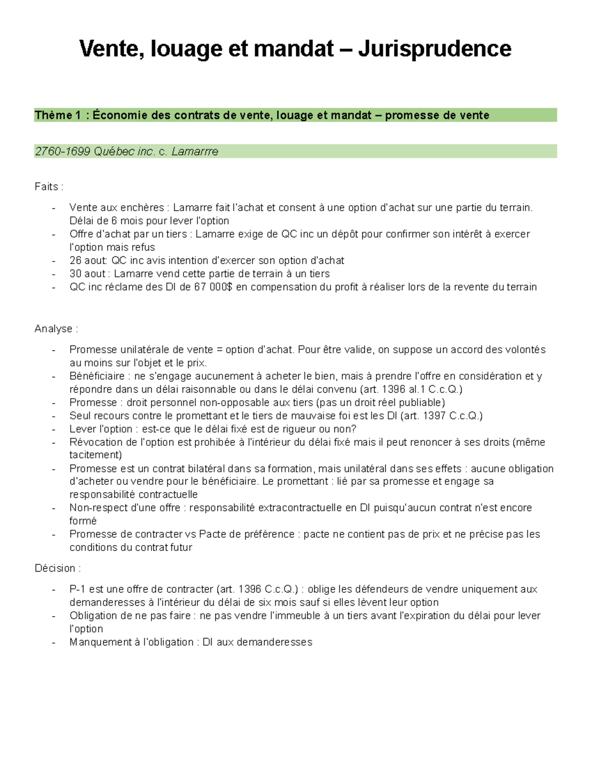 VLM - Jurisprudence - Résumé Vente Louage et Mandat - Vente, louage et ...