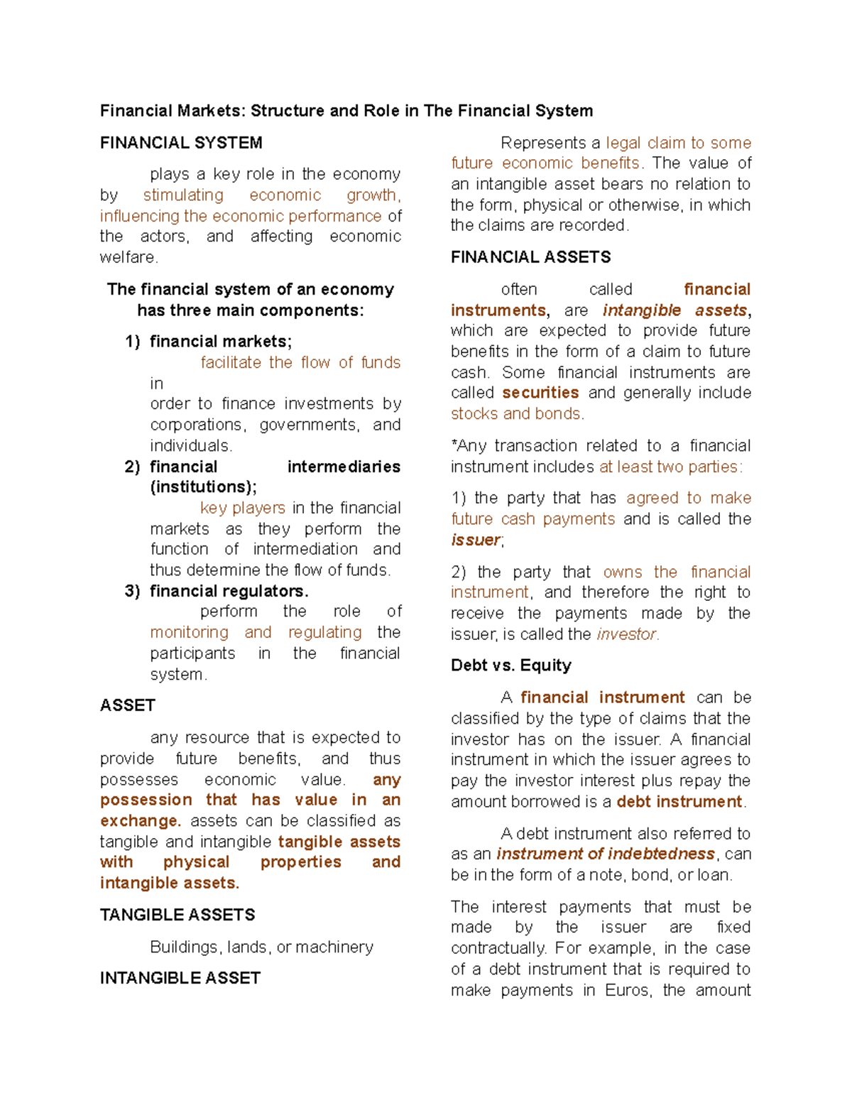 Financial Markets notes - Financial Markets: Structure and Role in The ...