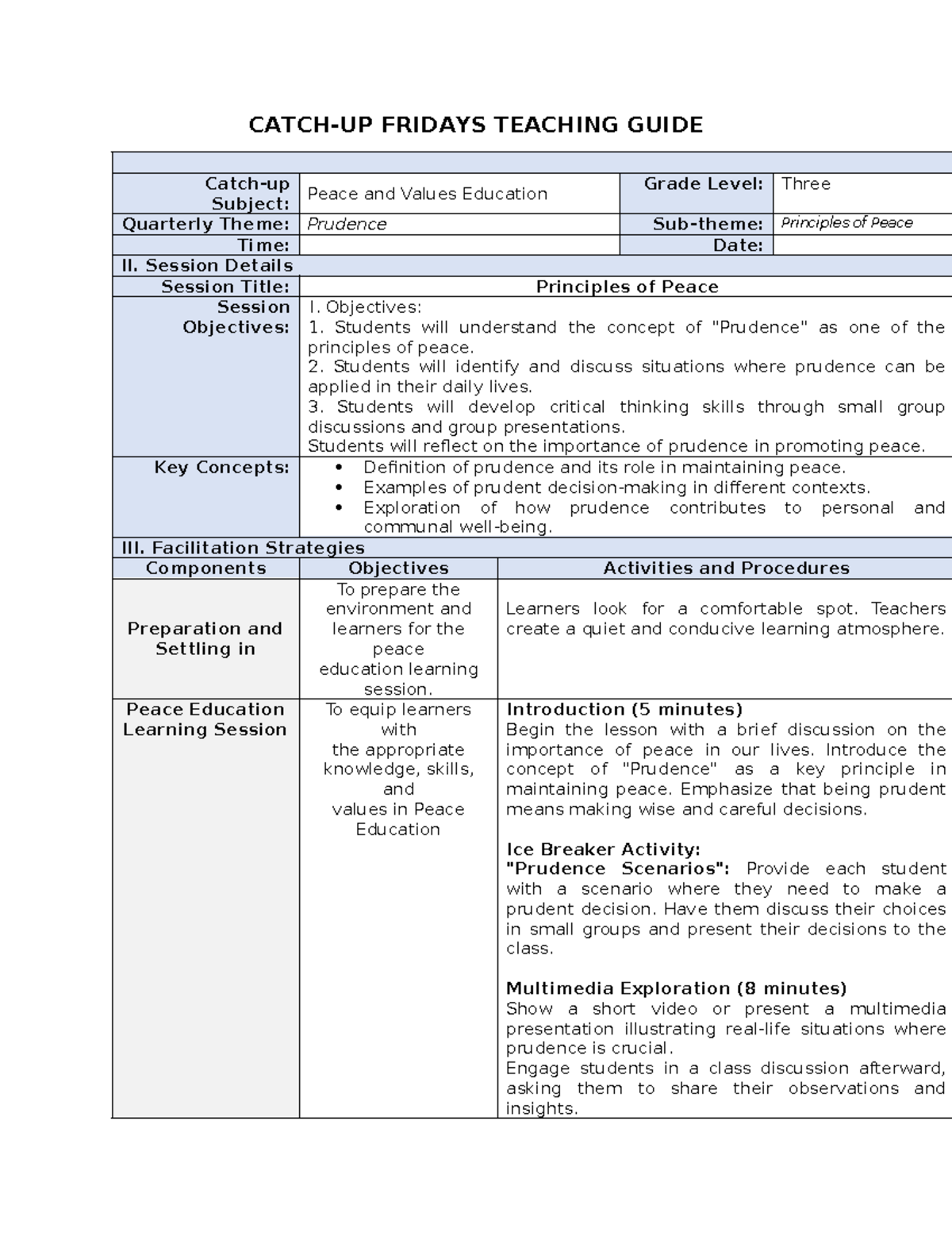 Catch UP Friday Teachers Guide Peace and Values Grade 3 - CATCH-UP FRIDAYS TEACHING GUIDE Catch ...
