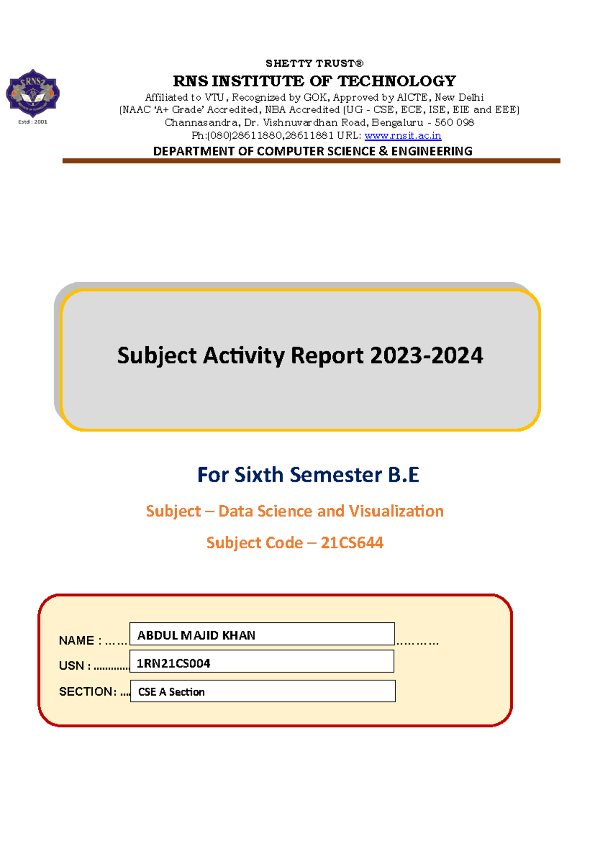 DSV-Report-majid - Activity report of the subject - SHETTY TRUST® RNS ...