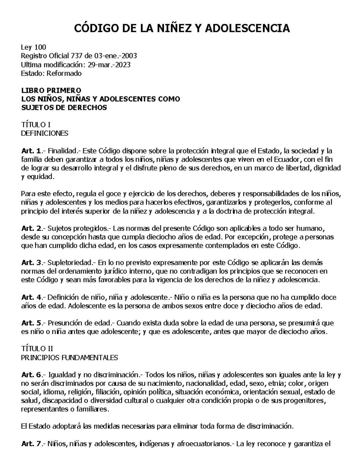 Codigo DE LA Ninez Y Adolescencia 2023 - C”DIGO DE LA NI—EZ Y ADOLESCENCIA Ley 100 Registro ...