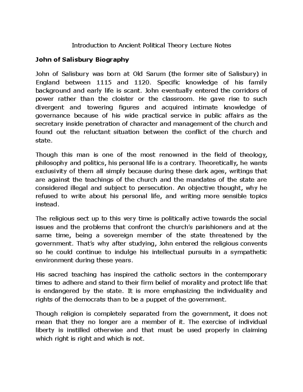 Introduction to Ancient Political Theory Lecture Notes - Specific ...