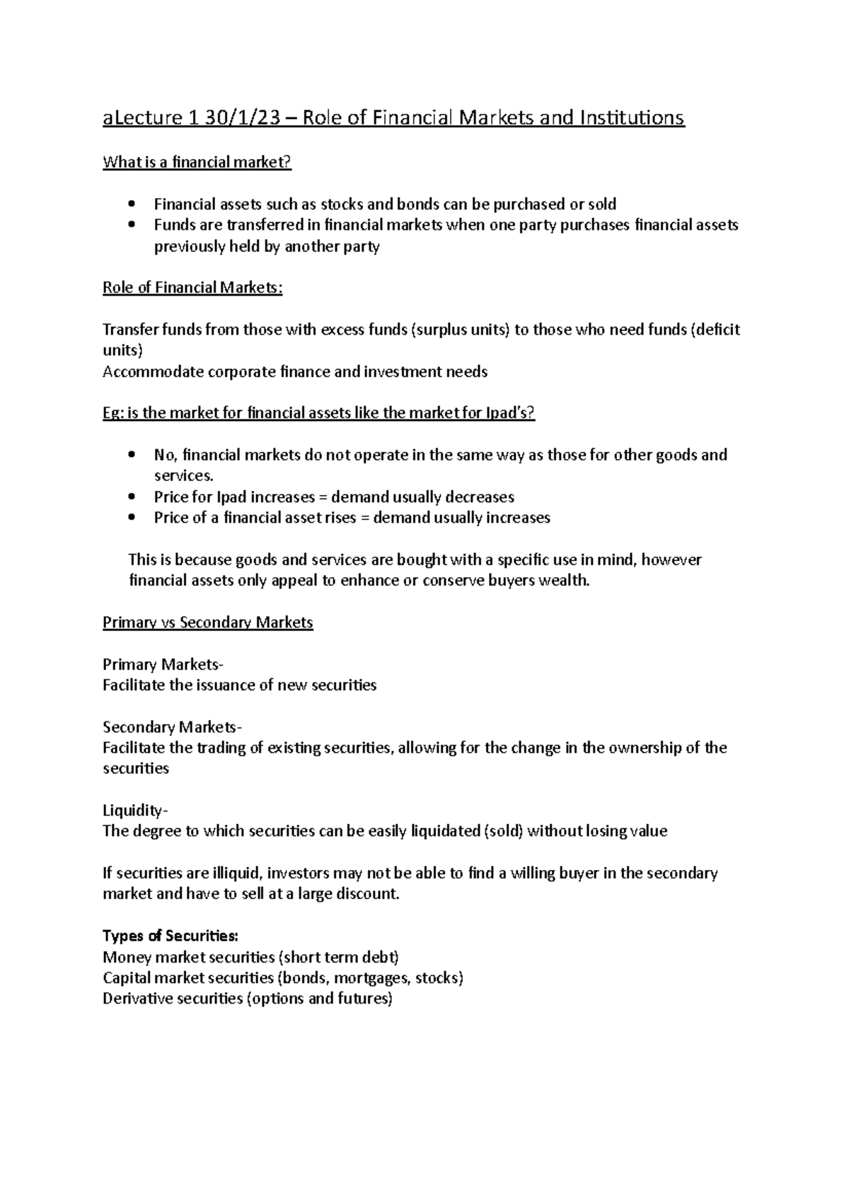 Notes Lecture 1 - Role of Financial Markets and Institutions - aLecture ...