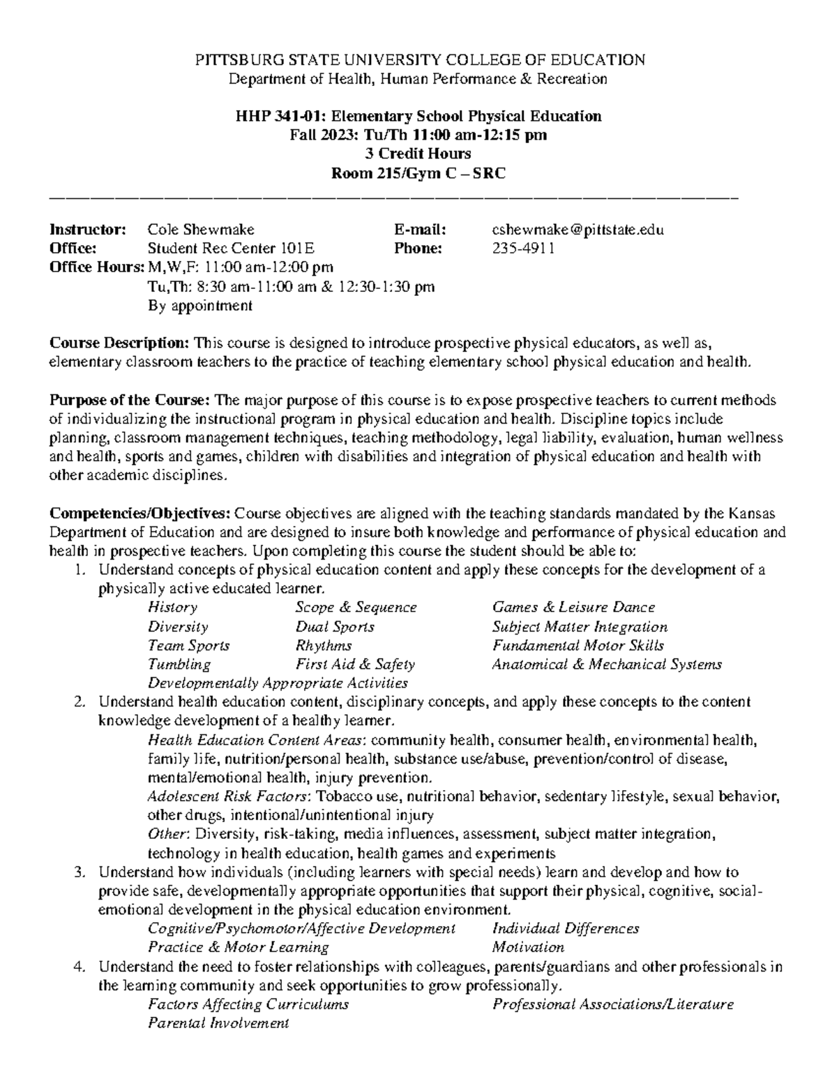 Syllabus Elementary PE - PITTSBURG STATE UNIVERSITY COLLEGE OF ...