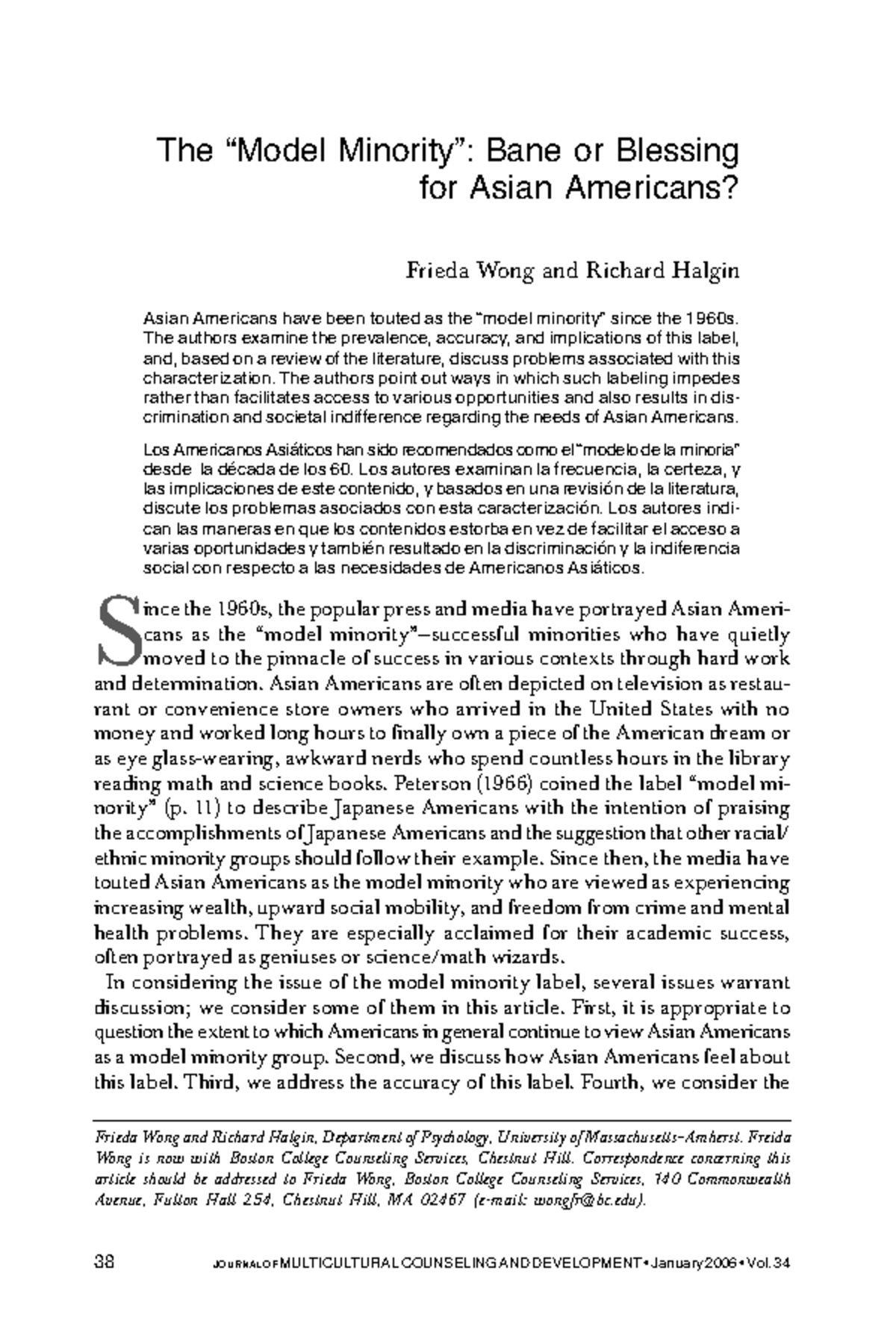 Wong2006 - Course Notes - The “Model Minority”: Bane or Blessing for ...