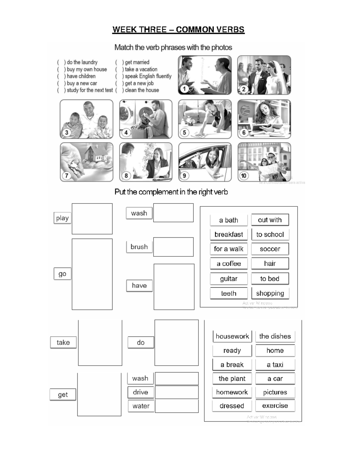 Week Three - Common Verbs - WEEK THREE COMMON VERBS Match the verb ...