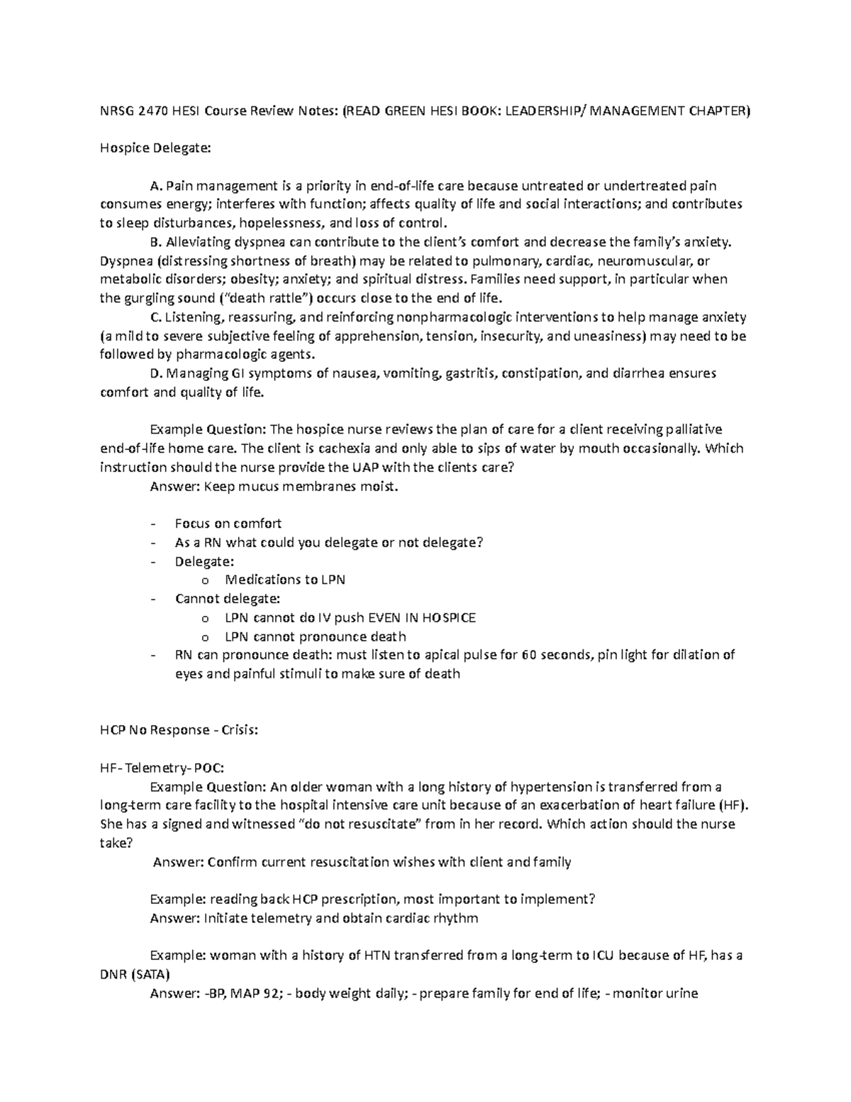 Transitions HESI Notes - NURS 3105 - Studocu